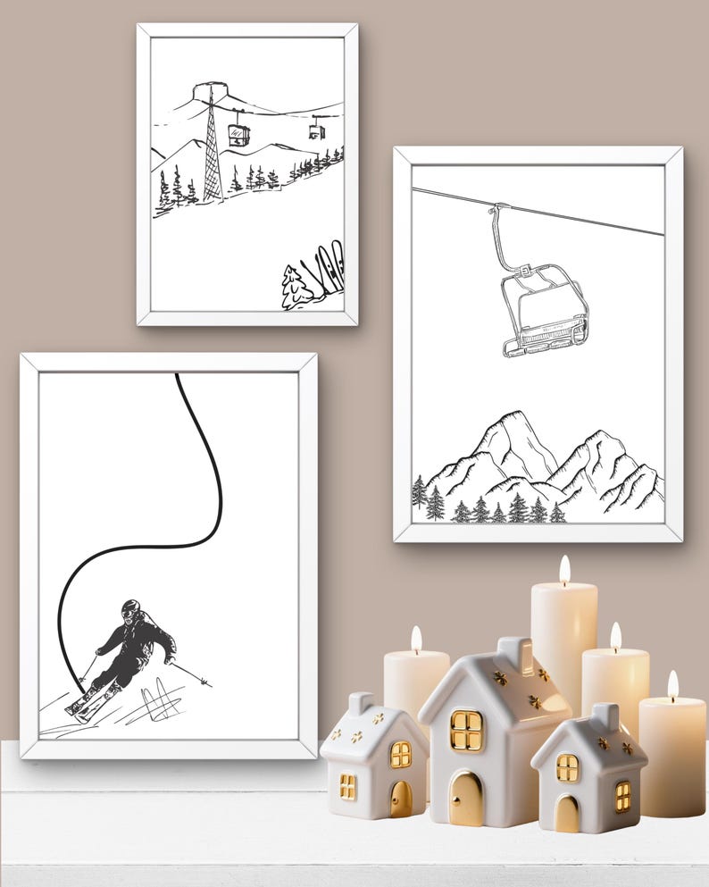 Minimalist Ski Prints, Mountain Line Art, Ski Lodge Decor (digital ...