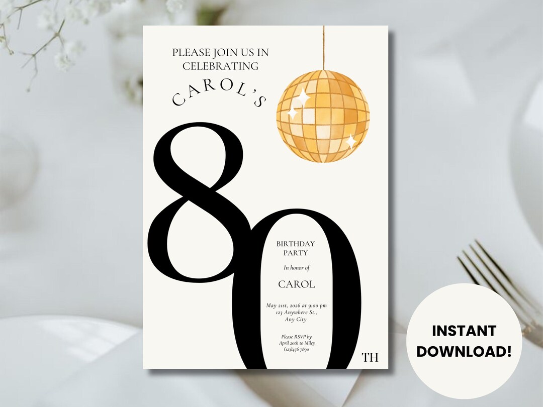 Elegant 80th Birthday Invitation, Customizable Party Invite, 80th ...