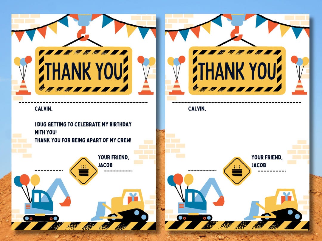 Construction Theme Thank You Cards Digital Editable Template 4x6 ...