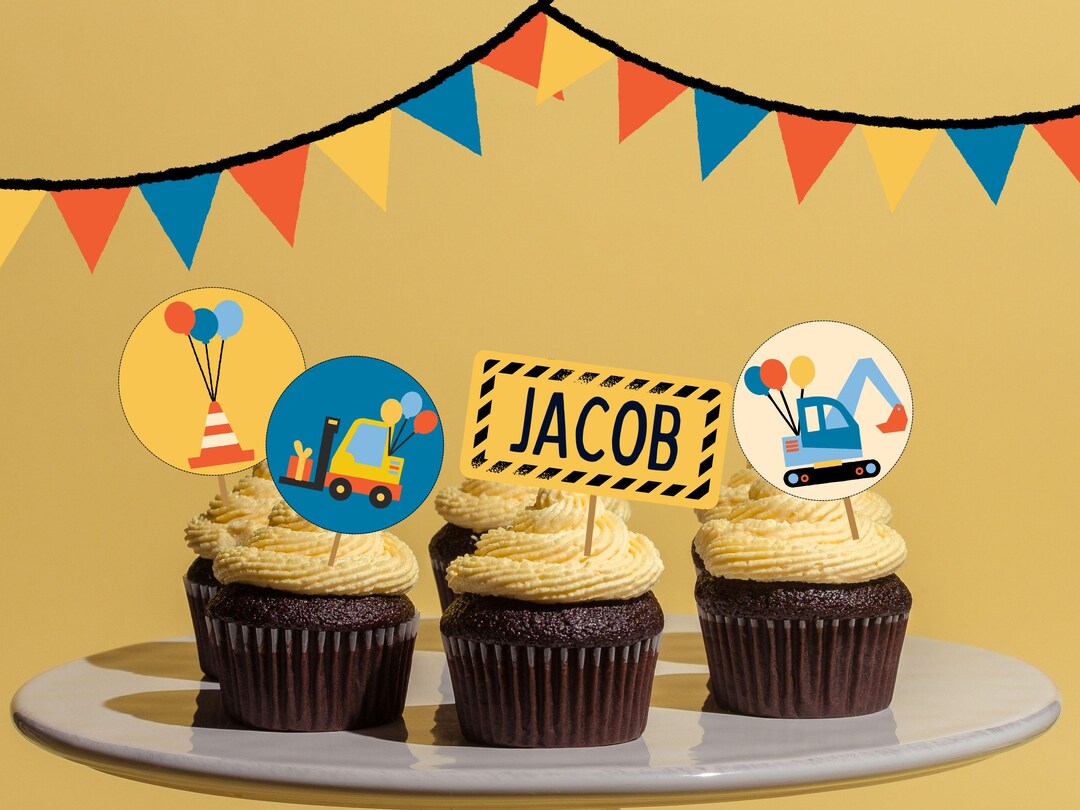 Construction Theme Cupcake Toppers Digital Editable Template 2in and ...
