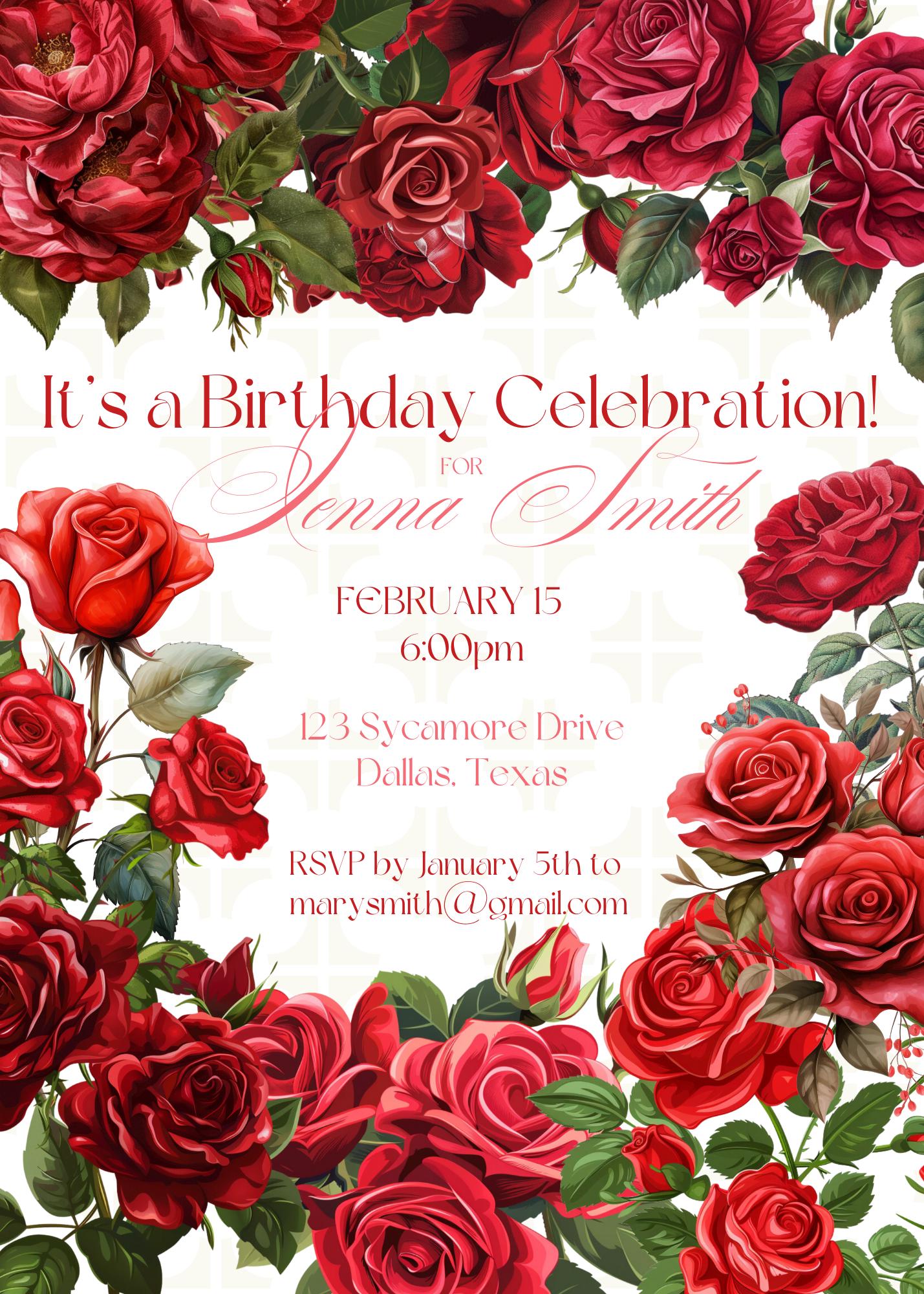 Red Roses Digital Birthday Invitation - Etsy