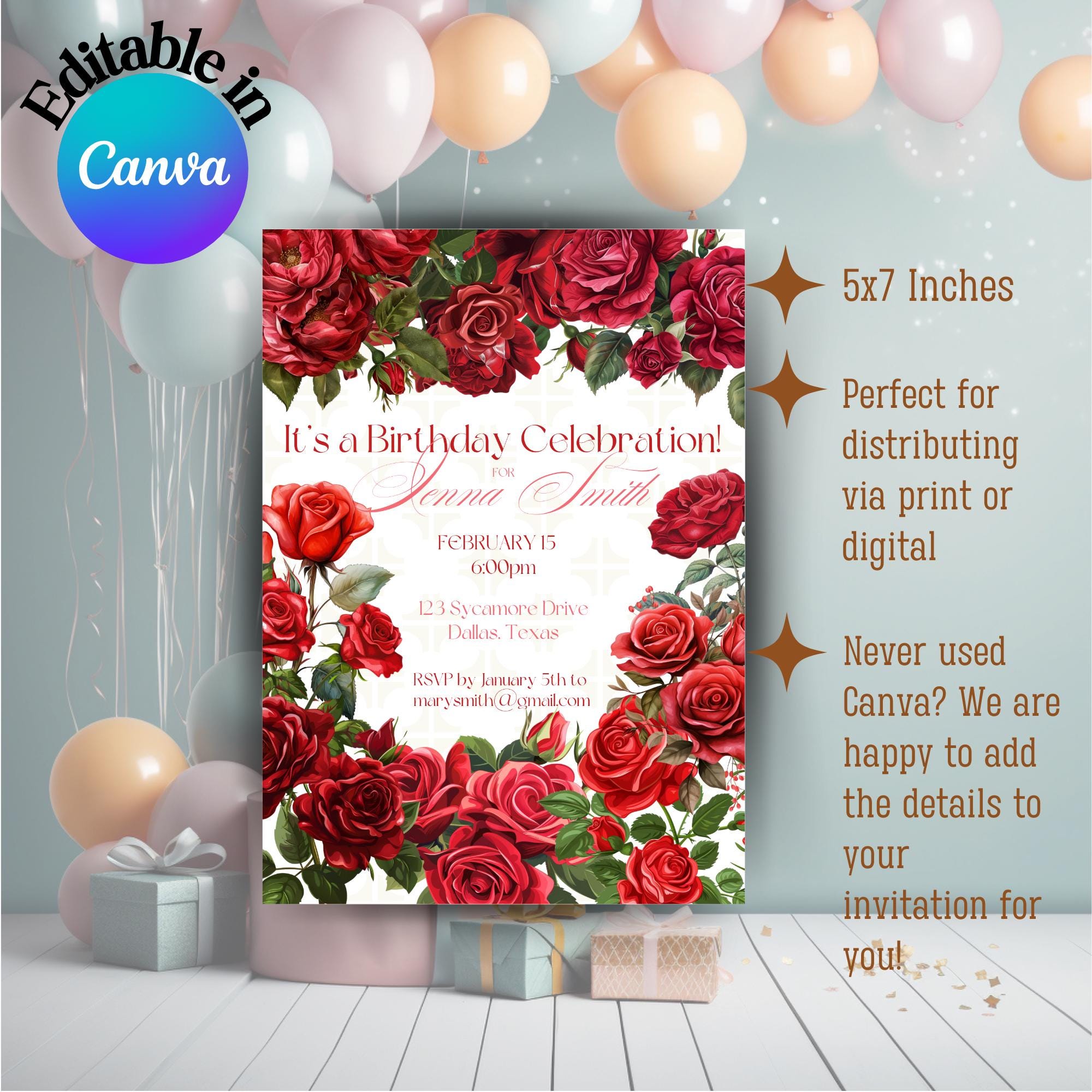 Red Roses Digital Birthday Invitation - Etsy