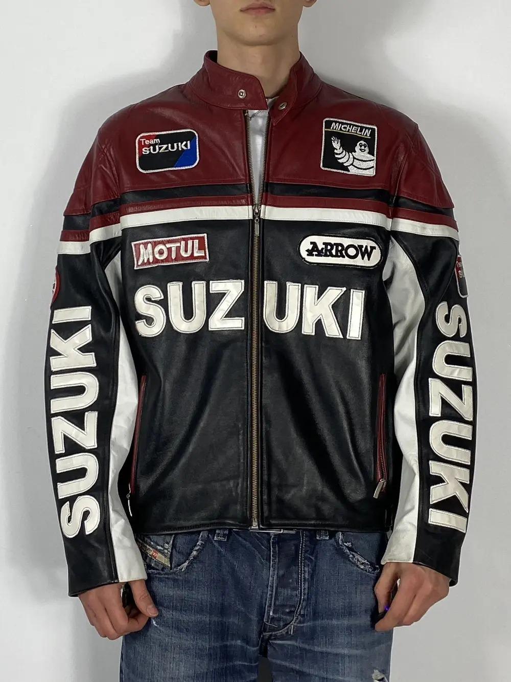 Men SUZUKI Biker Racing Leather Jacket Handmade SUZUKI R Motorcycle ...