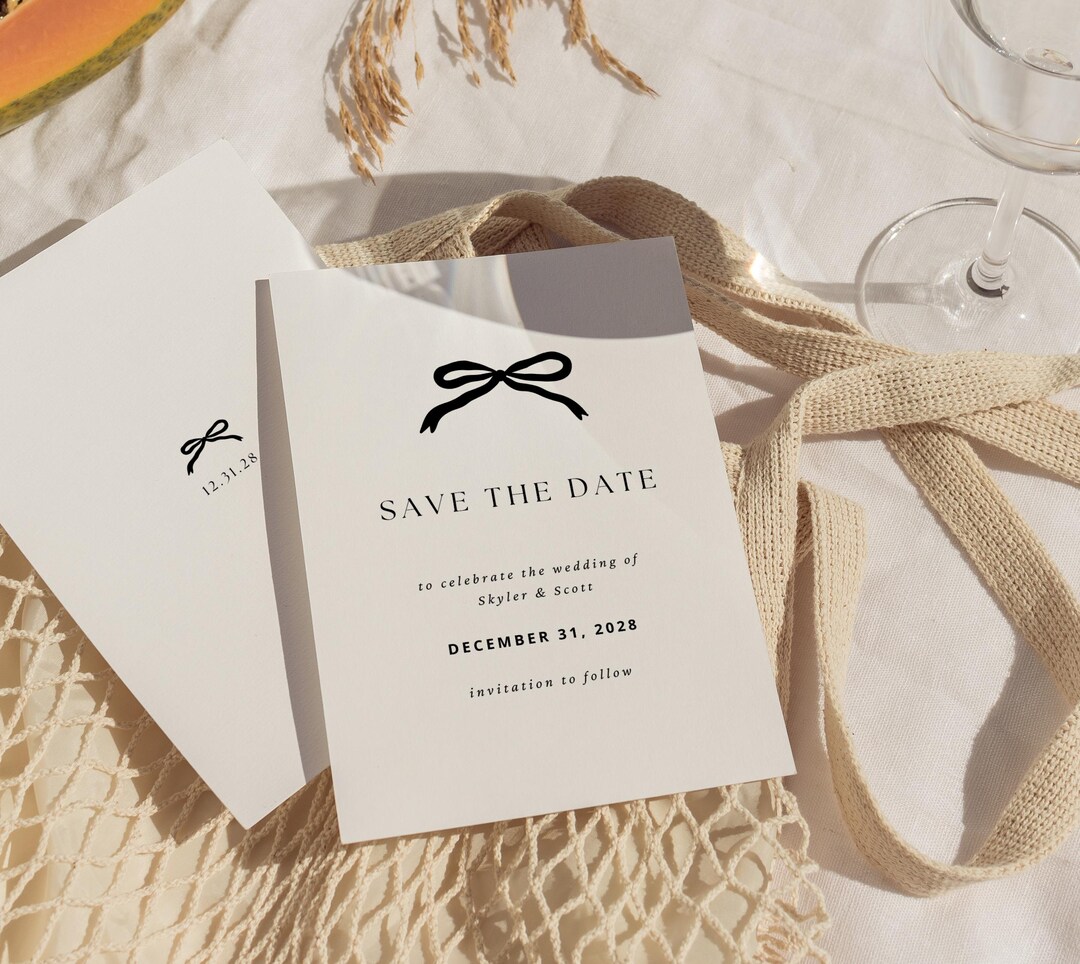Modern Bow Save the Date Template: Elegant Wedding Invitation (canva ...