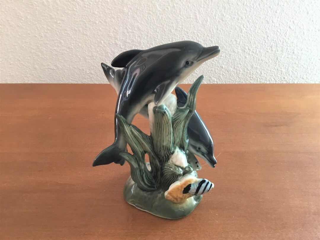Dolphin Figurine Mid Century Modern Swimming Dolphins Under Water Scene ...