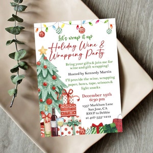 Editable Holiday Wine and Wrapping Party Invitation Template - Etsy