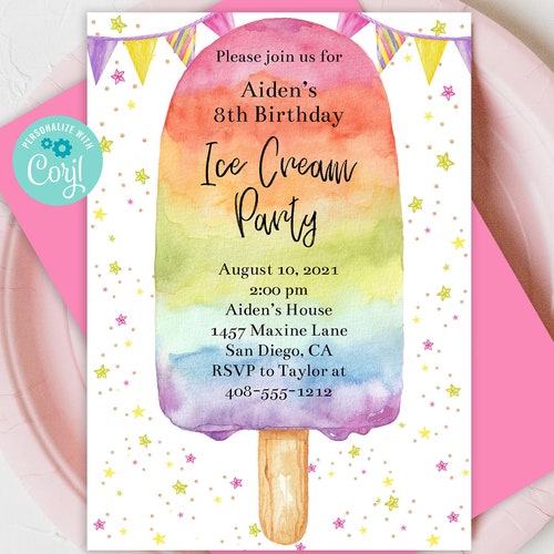 Editable Rainbow Ice Cream Birthday Invitation First Birthday - Etsy