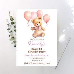Editable Teddy Bear 1st Birthday Party Invitation Template Girls First ...