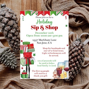 Editable Holiday Sip and Shop Invitation Template Printable Holiday ...