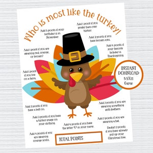 Thanksgiving Game Who is Most Like the Turkey Printable Turkey Game ...
