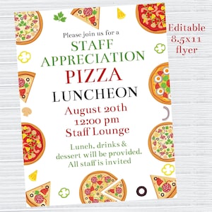 Editable Pizza Staff Appreciation Flyer Template, Printable Lunch or ...