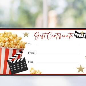 Printable Movie and Popcorn Gift Certificate Voucher Template Editable ...