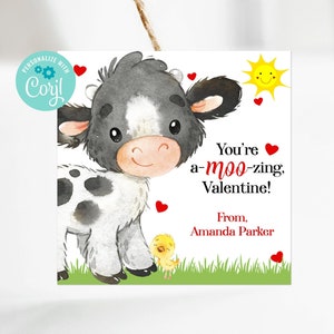 Editable Cow Valentine Tag for Preschool Daycare School or Classroom ...