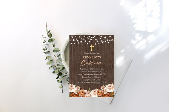 Editable Rustic Baptism Invitation Template Floral Wood Background Holy ...