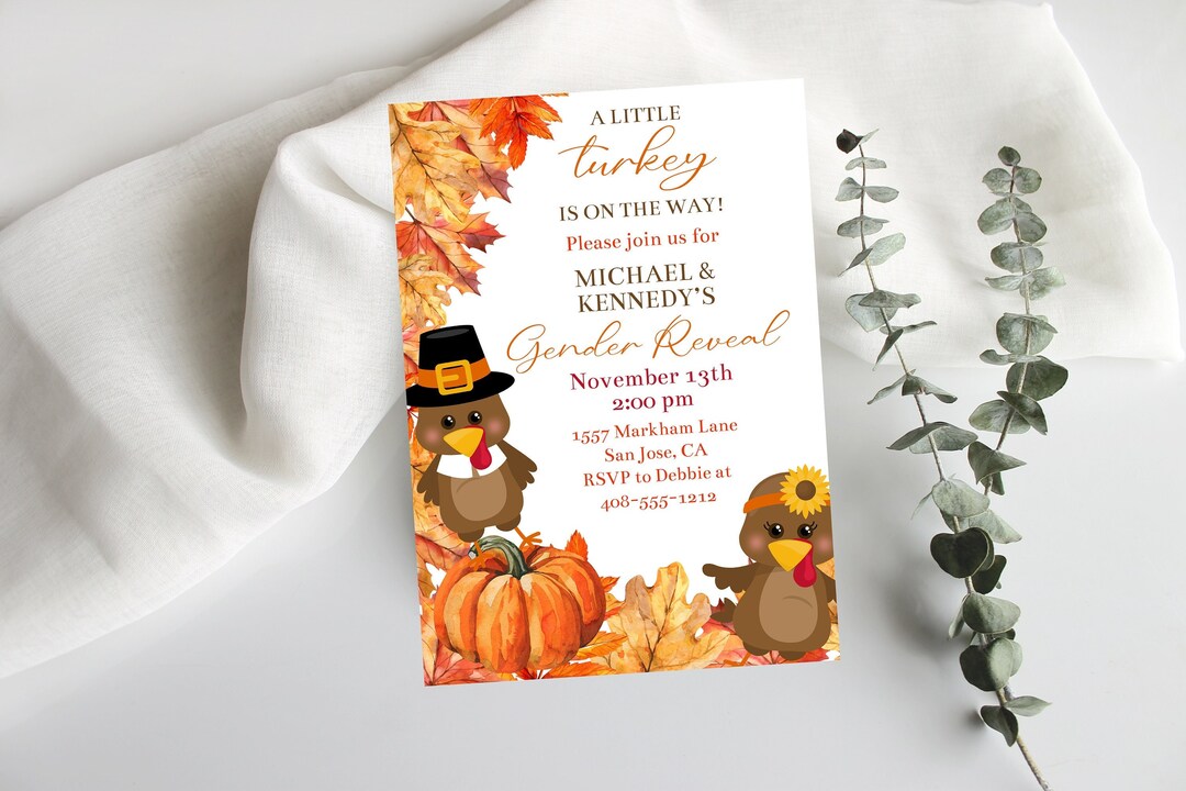 Thanksgiving Turkey Baby Gender Reveal Invitation Template Fall Gender ...