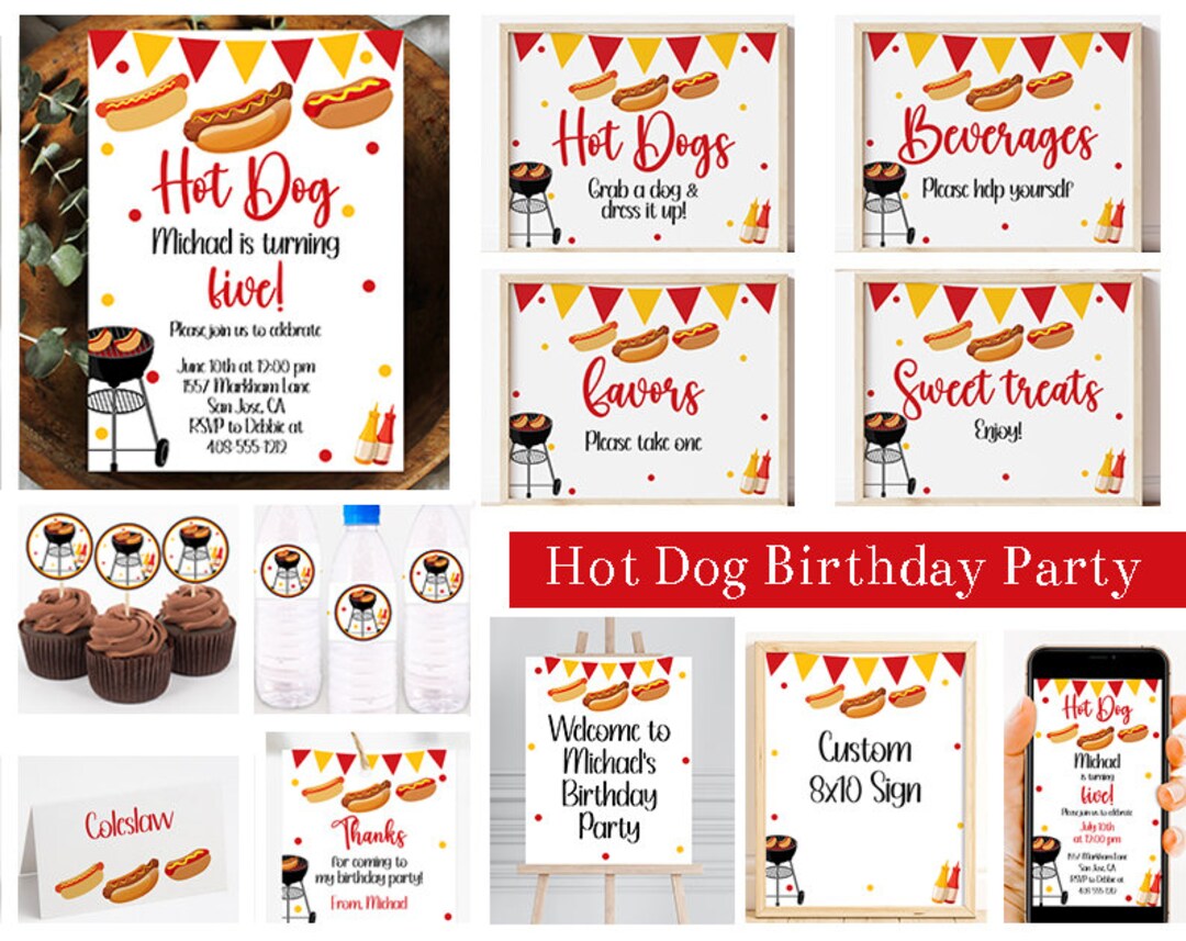 Hot Dog Birthday Party Bundle, Editable Hot Dog Party Invitation ...