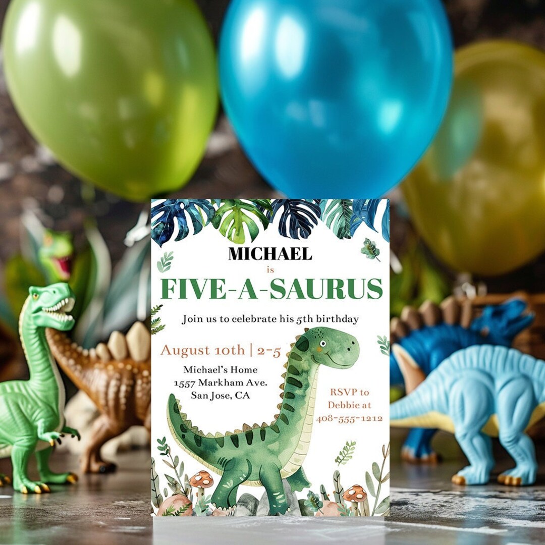 Five-a-saurus 5th Birthday Invitation Template Editable Dinosaur ...