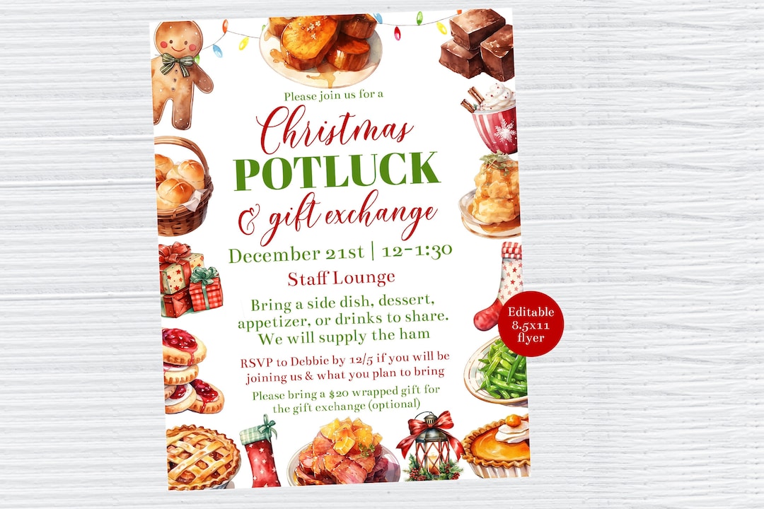 Editable Christmas Potluck Flyer Template Printable Christmas Staff ...