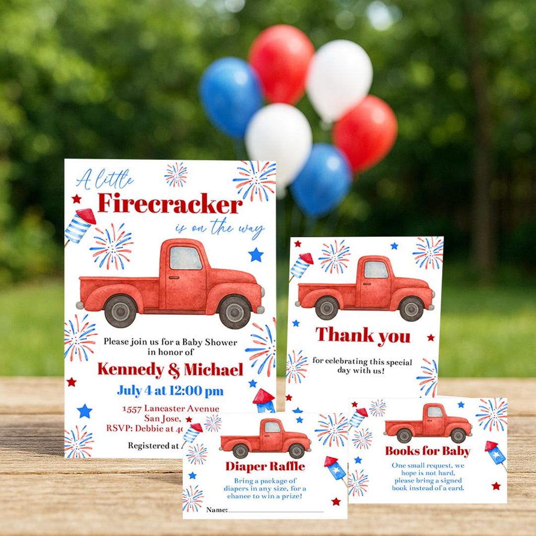 Editable Firecracker 4th of July Baby Shower Invitation Suite Templates ...