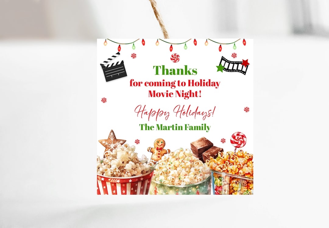 Editable Holiday Movie Night Tag Template Printable Christmas Movie ...