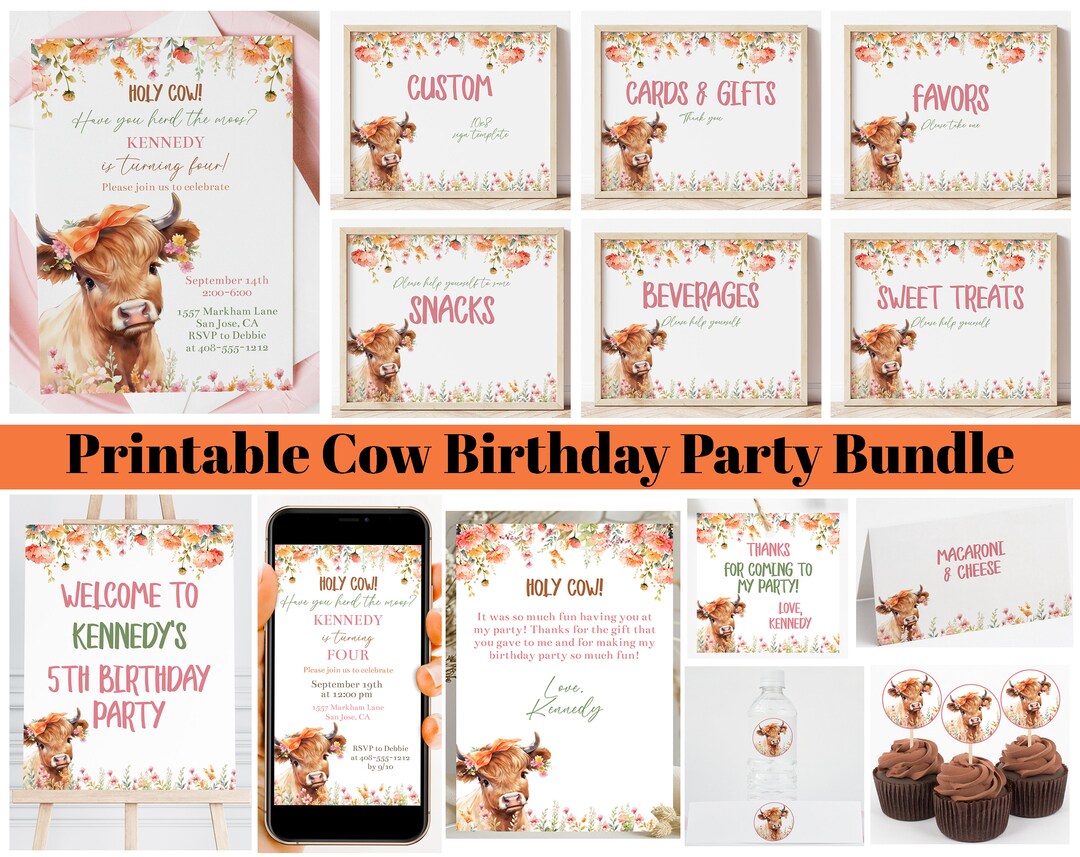 Editable Highland Cow Birthday Party Bundle, Printable Cow Party ...