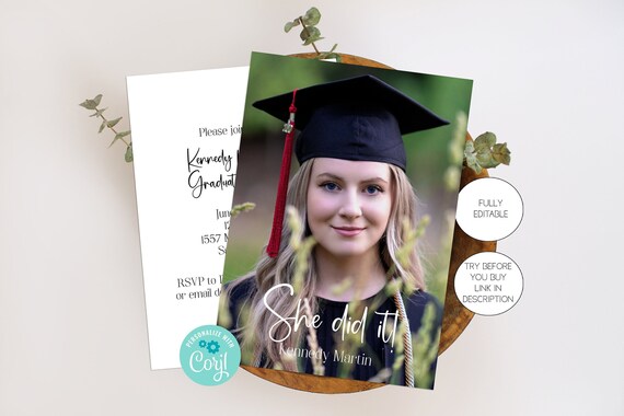 Editable She Did It Graduation Photo Announcement, Class of 2023 ...