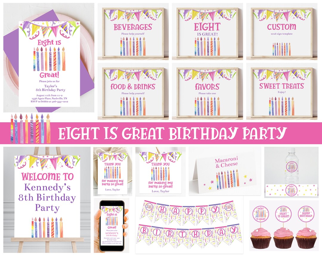 Eight is Great Birthday Party Bundle, Editable 8th Birthday Party Set ...