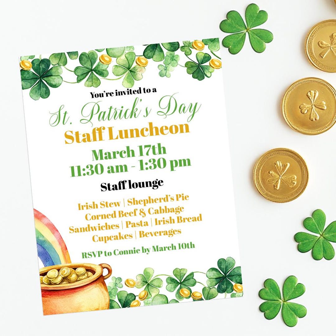 Editable St Patrick's Day Staff Luncheon Flyer Template, Printable St ...