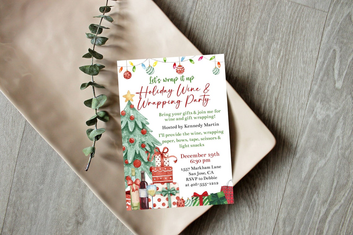 Editable Holiday Wine and Wrapping Party Invitation Template - Etsy