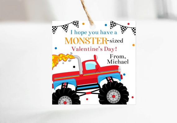 Editable Monster Truck Valentine Tag, Printable Monster Sized Valentine ...