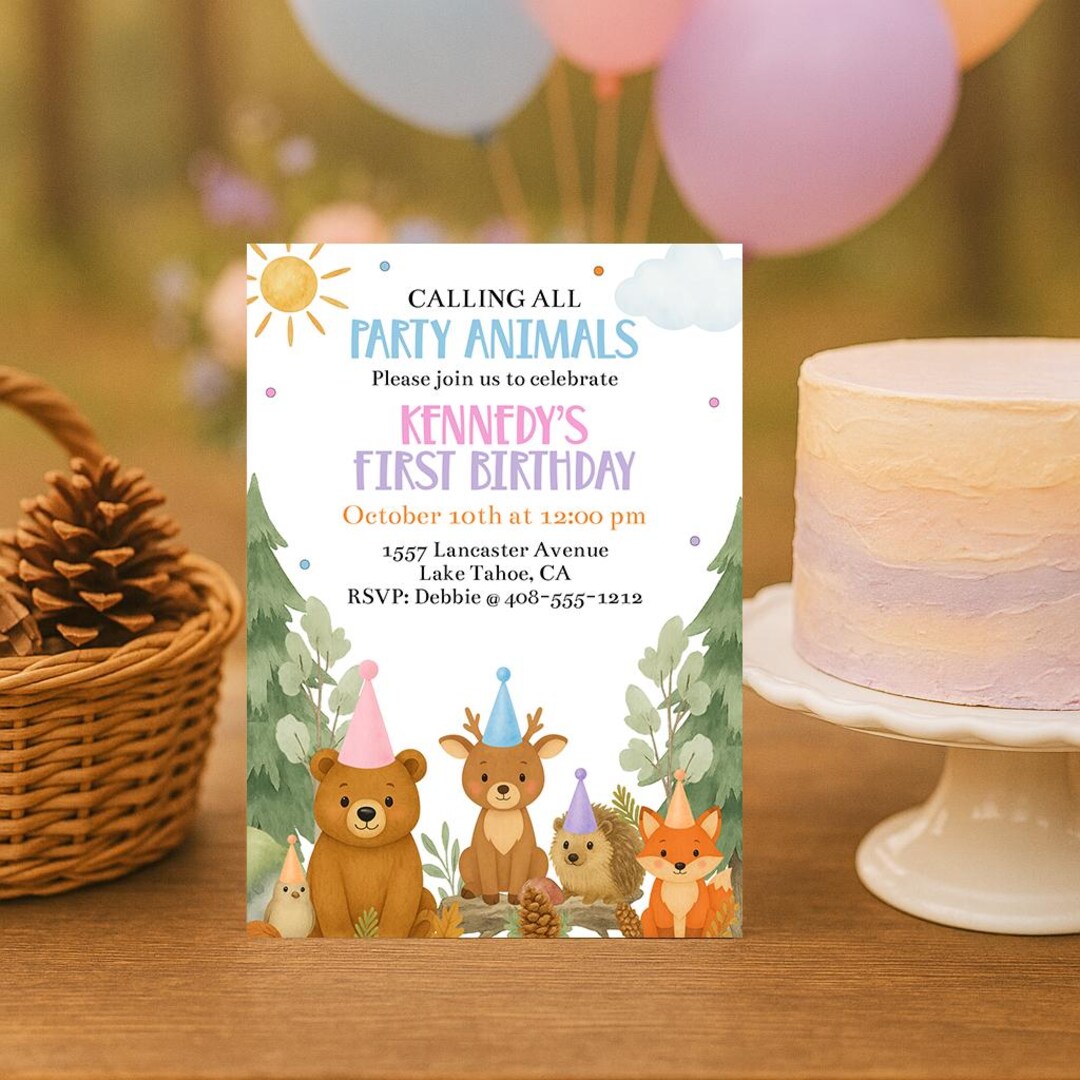 Woodland Party Animals Birthday Invitation Template, Editable Woodland ...