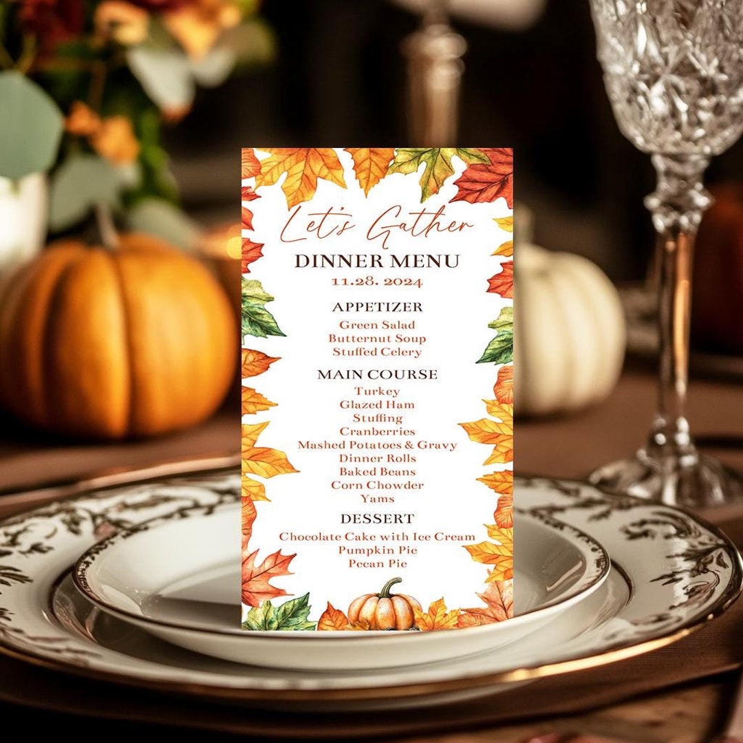 Editable Thanksgiving Dinner Menu Card Template, Printable Let's Gather ...