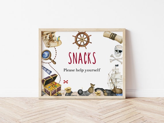 Pirate Party Snacks Sign, Printable Pirate Birthday Party, Pirate Snack ...
