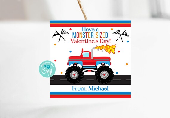 Editable Monster Truck Valentine Tag, Boys Valentines, Valentines for ...
