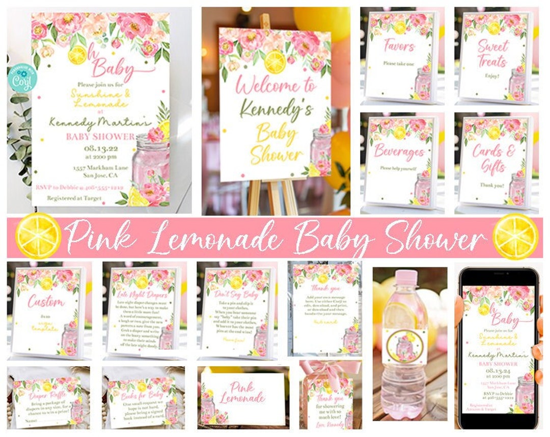 Lemonade Baby Shower Bundle Editable Pink Lemonade Baby Shower ...