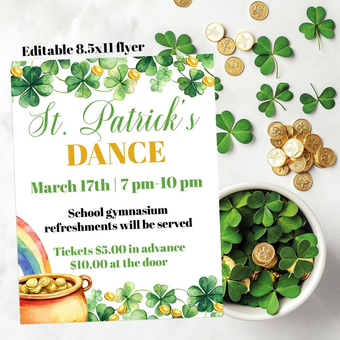 Editable St Patrick's Day Dance Flyer Template, Printable School Dance ...
