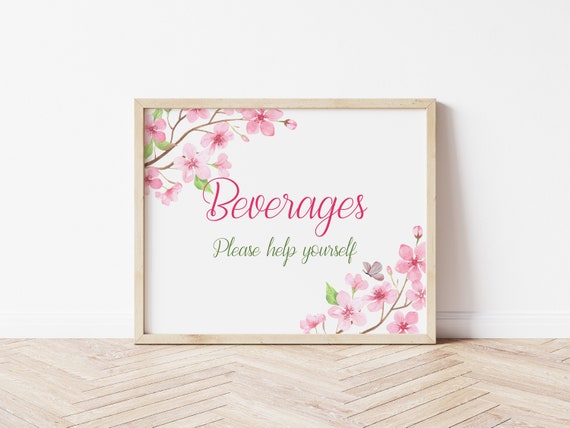 Printable Beverage Sign, Cherry Blossom, Bridal Shower Sign, Baby ...
