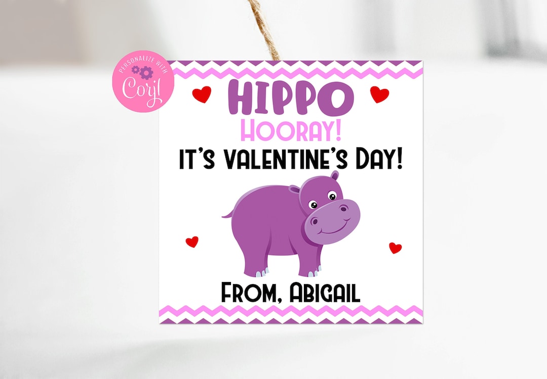Editable Hippo Valentine, Hippopotamus, Printable Valentines, Kids ...