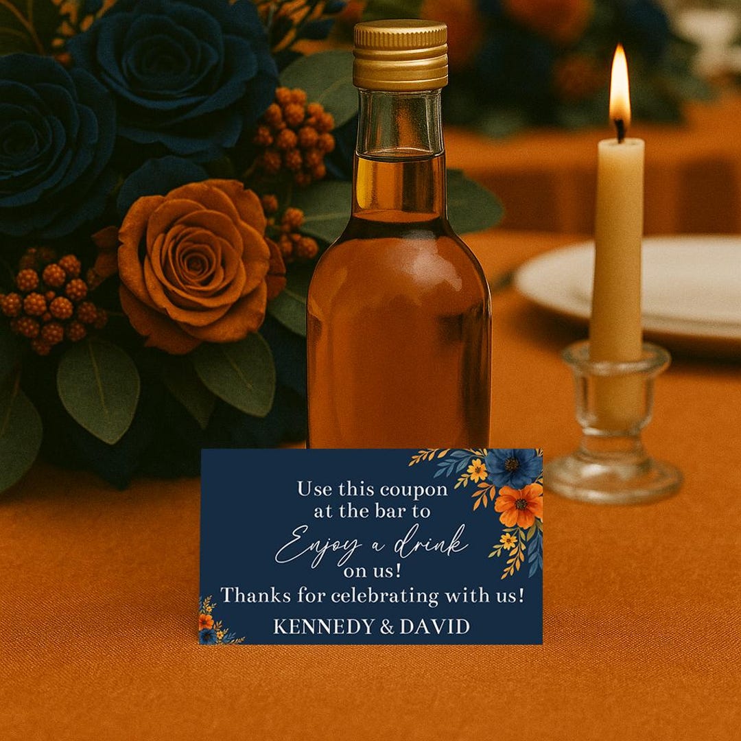 Navy Blue and Burnt Orange Fall Wedding Drink Ticket Bar Voucher Rustic ...