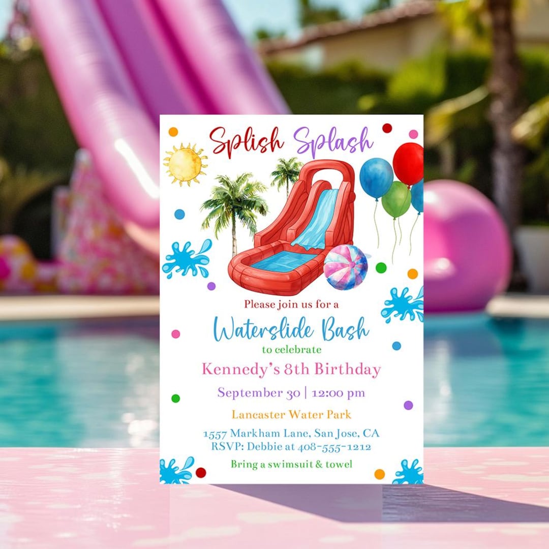 Editable Waterslide Pool Party Invitation Template Waterslide End of ...