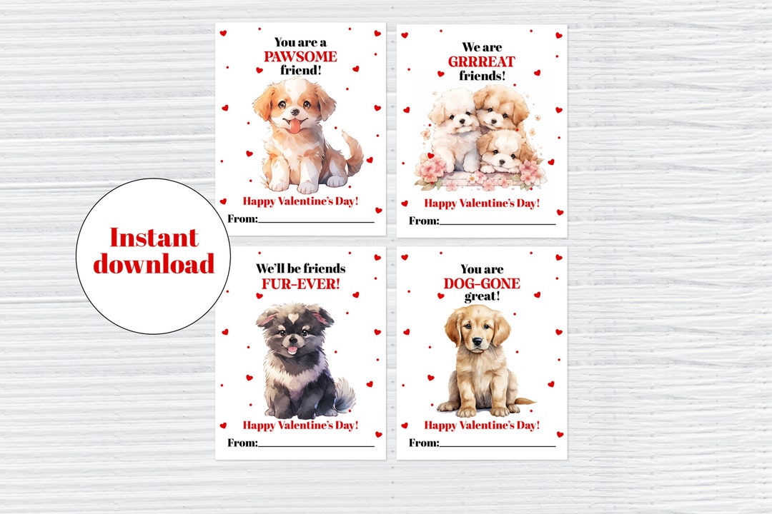 Printable Dog Valentine Cards for Kids Instant Download Puppy ...