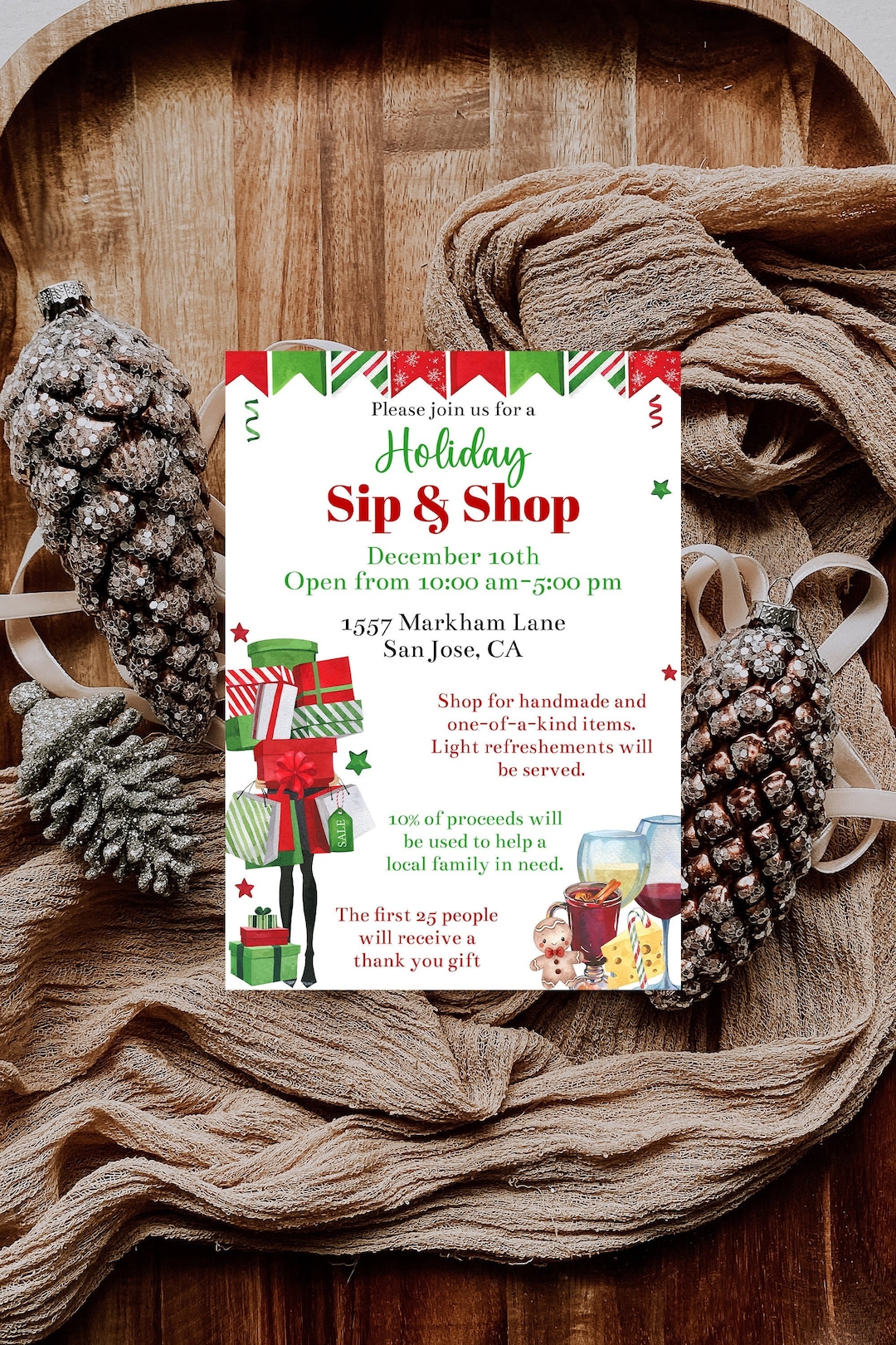 Editable Holiday Sip and Shop Invitation Template Printable Holiday ...