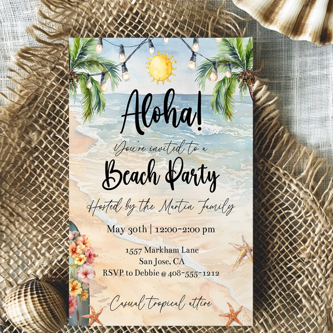 Beach Party Invitation Template, Editable Summer Beach Party Invite ...