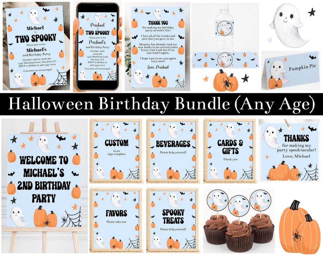 Printable Blue and Orange Halloween Birthday Bundle, Boys Ghost ...