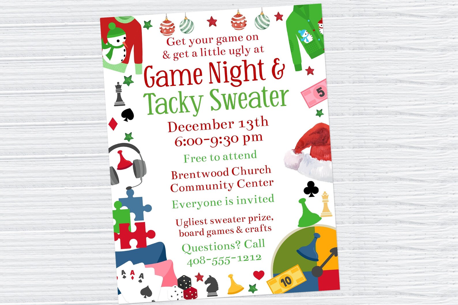 Editable Holiday Game Night and Tacky Sweater 8.5x11 Flyer - Etsy