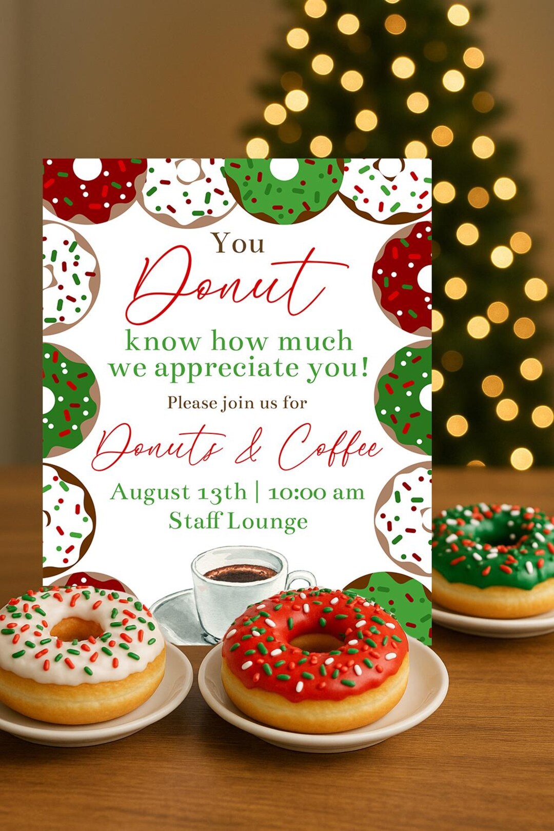 Editable Christmas Donuts and Coffee Appreciation Flyer Template, Staff ...