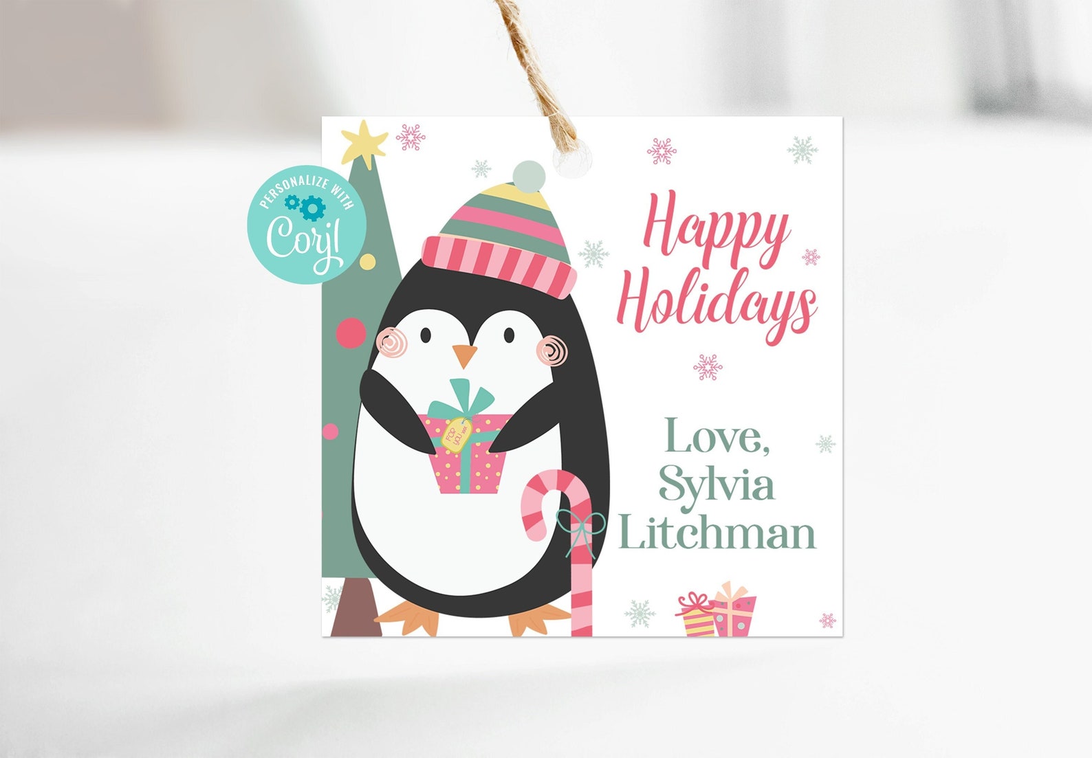 Editable Penguin Happy Holidays Gift Tag, Christmas Tags, Gift for ...
