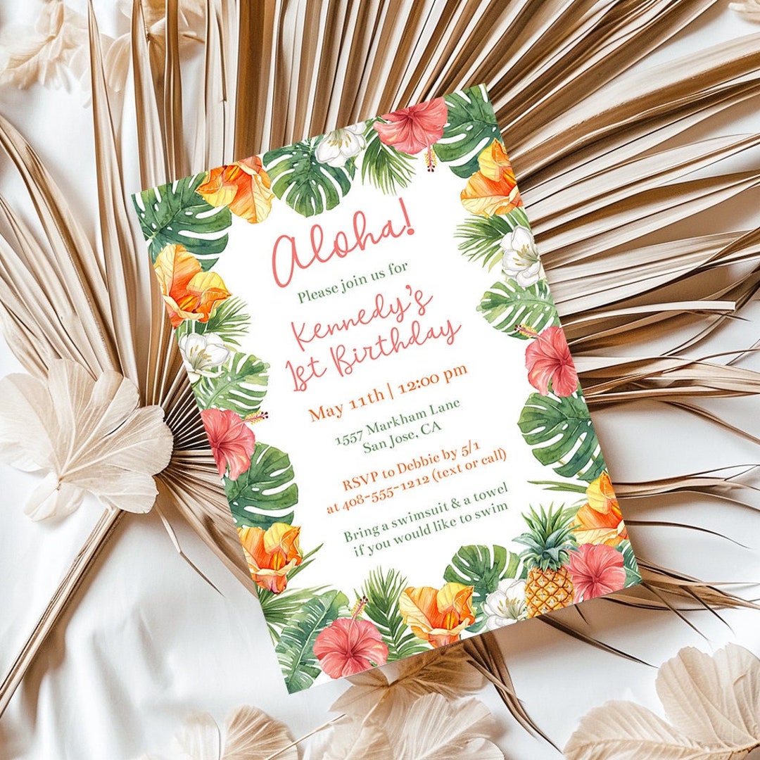 Editable Tropical Birthday Party Invitation Template, Luau Party Invite ...