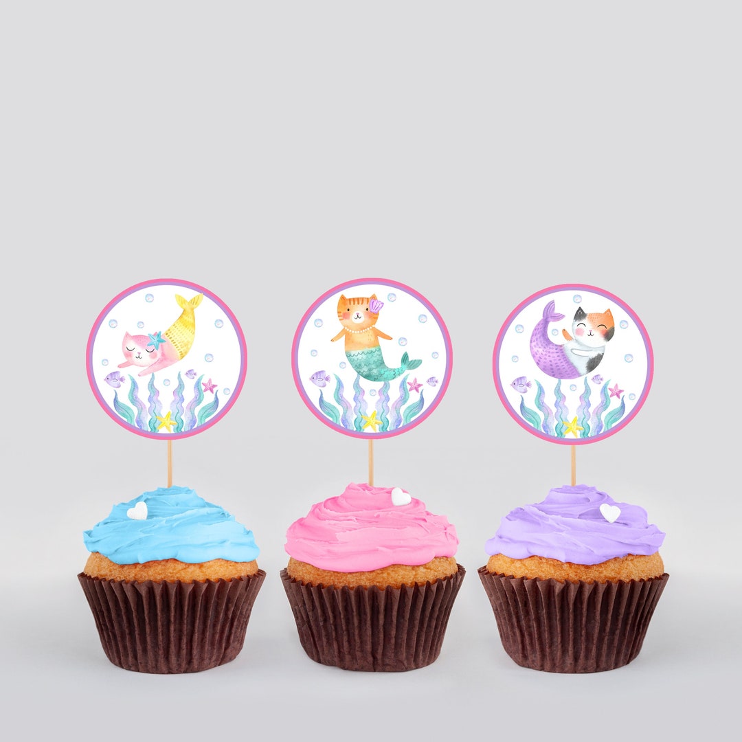 Mercat Birthday Party Cupcake Toppers Mermaid Cat Party Purrmaid ...