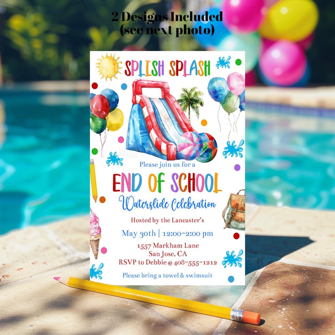 Editable End of School Waterslide Pool Party Invitation Template ...